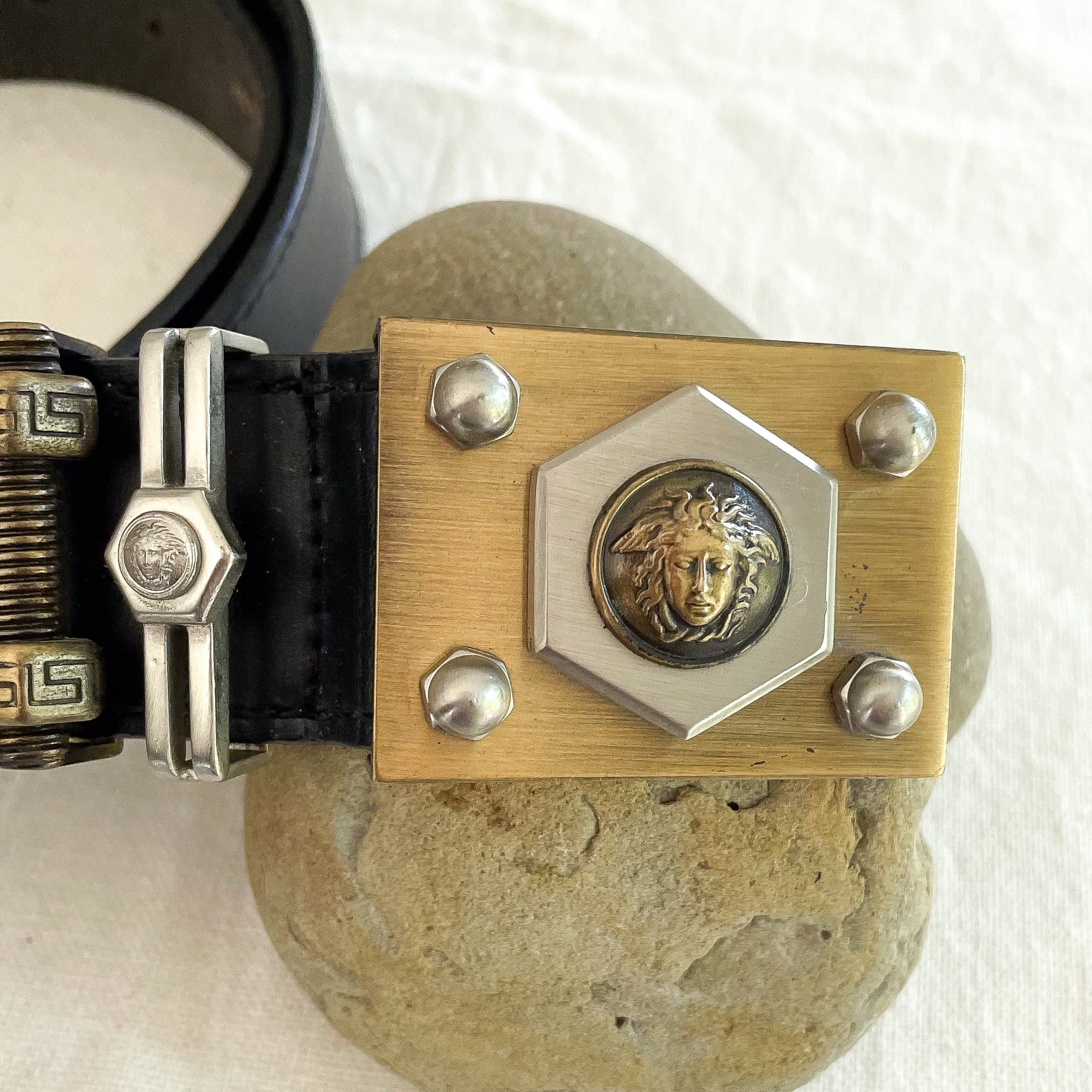 Vintage Versace Belt, Black Leather Medusa Bolts, GIANNI VERSACE 34/85 ...