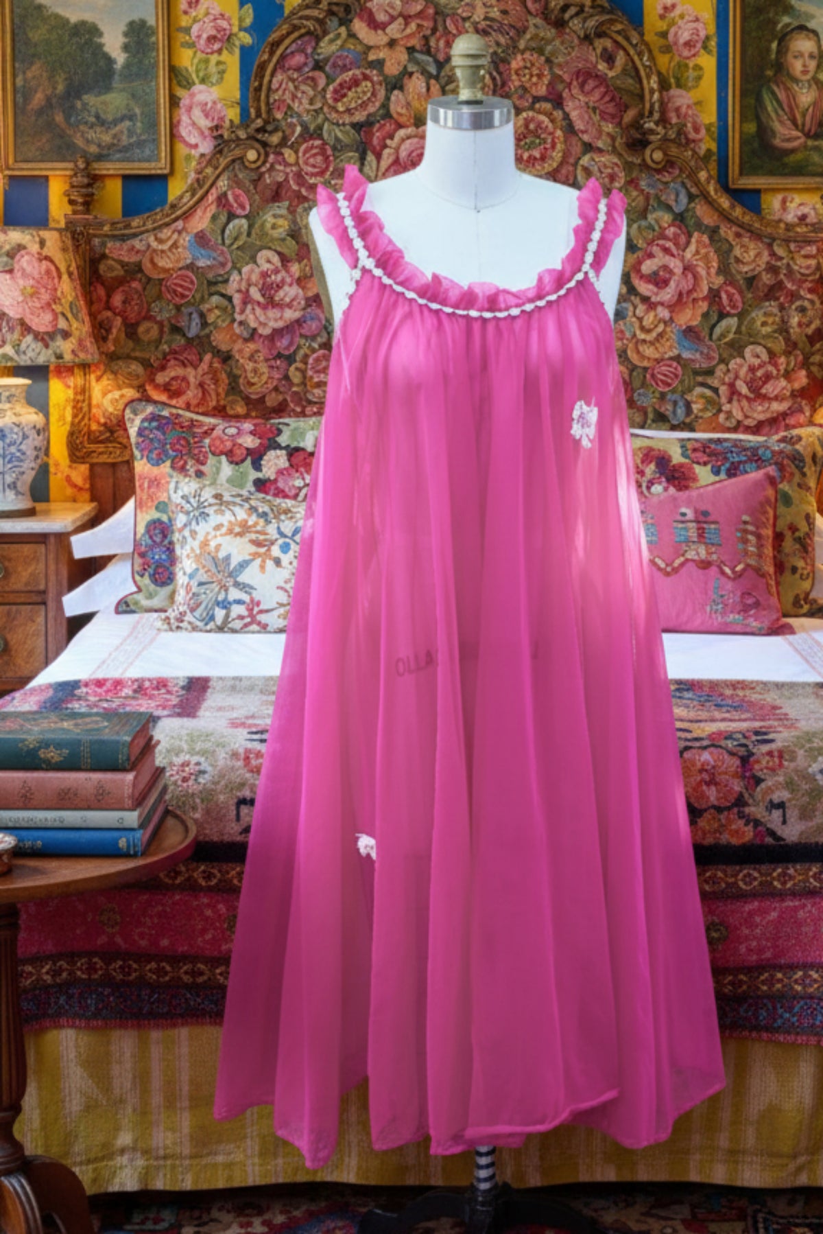 Vintage Negligee Night Gown, Fuchsia Pin Up Bombshell Lingerie by Sheb ...